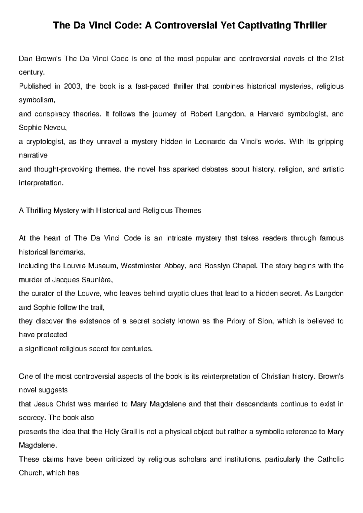 The Da Vinci Code Essay - sennatixs - The Da Vinci Code: A ...