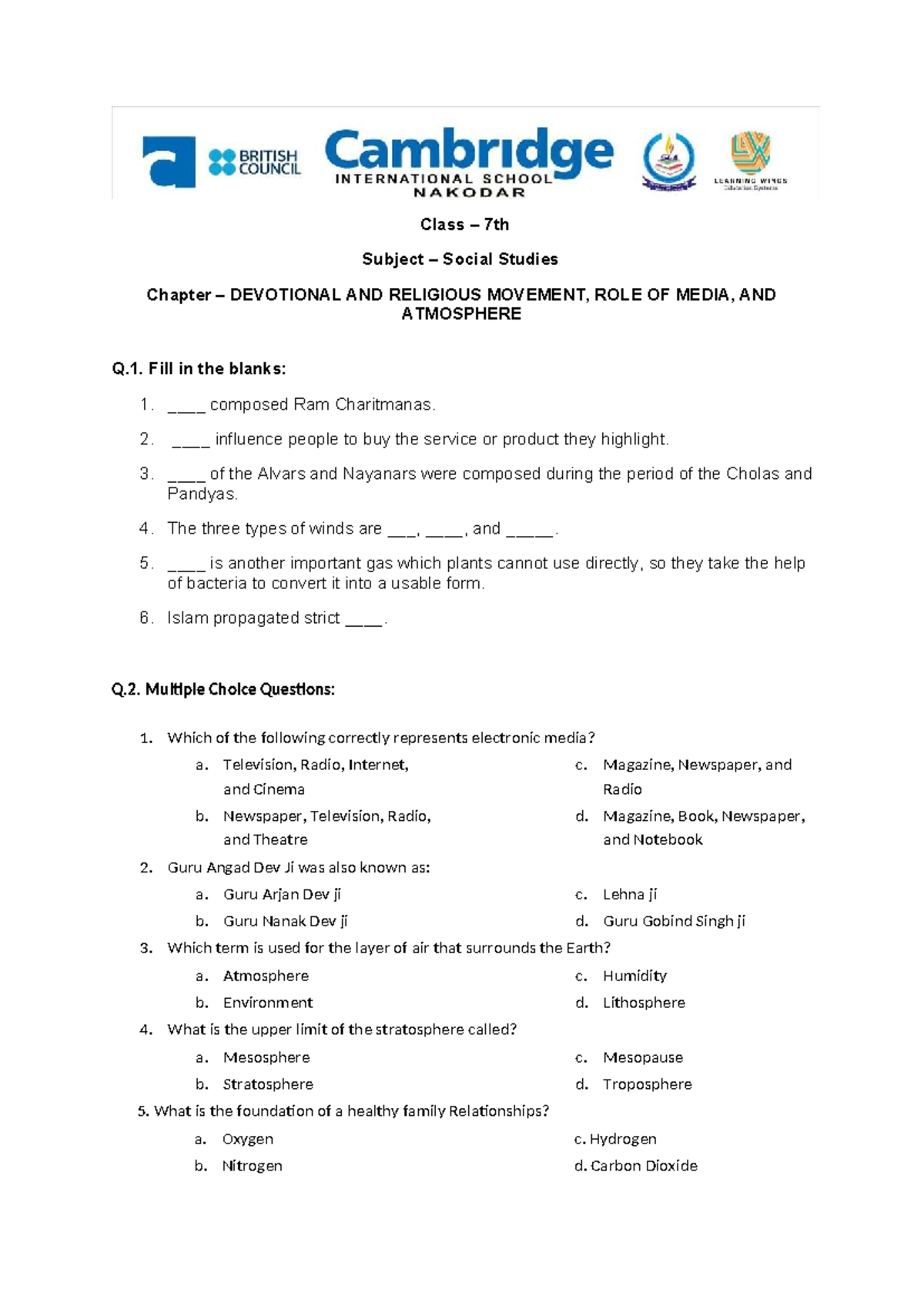 SST Class 7 Worksheet IA II: Devotional Movements & Media Quiz - Studocu