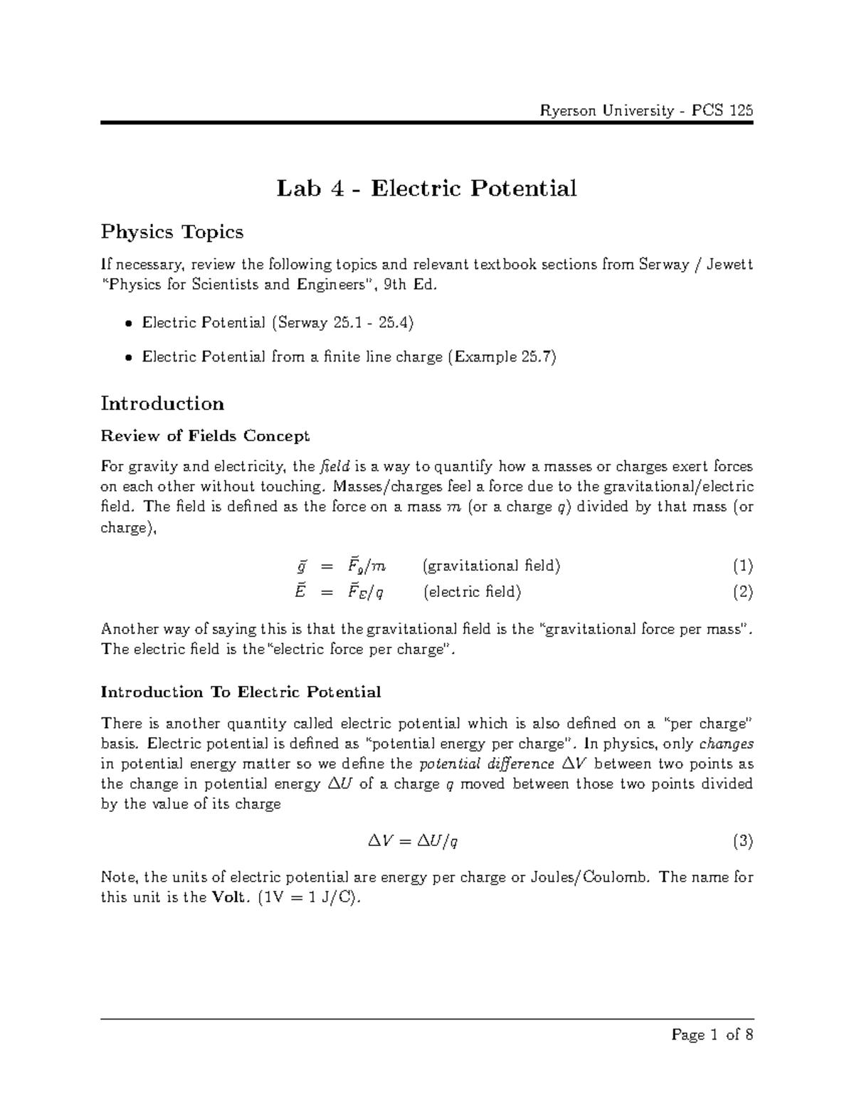 PCS125 Lab Potential Virtual - Lab 4 - Electric Potential Physics ...