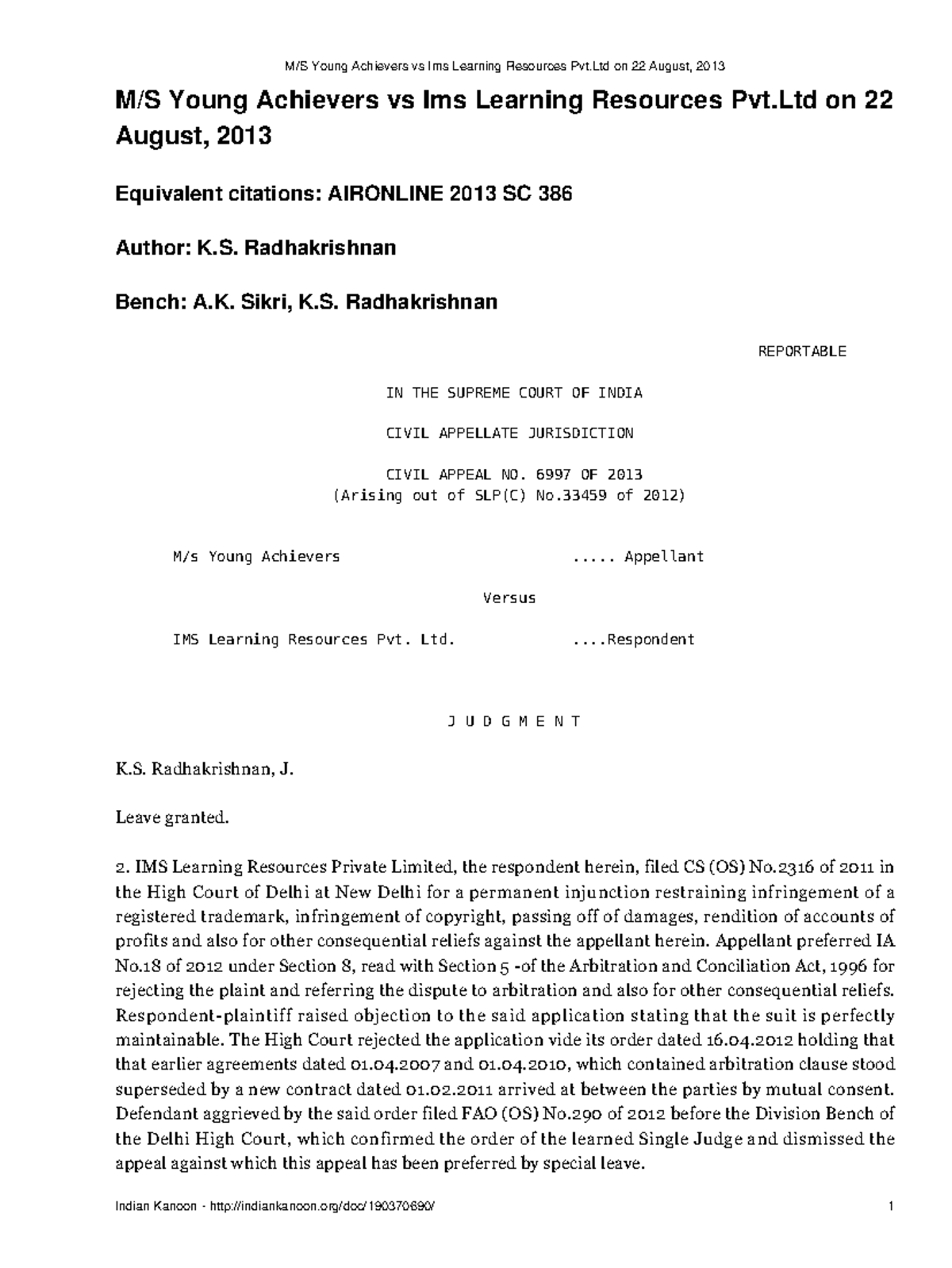 M S Young Achievers vs Ims Learning Resources Pvt Ltd: Supreme Court ...
