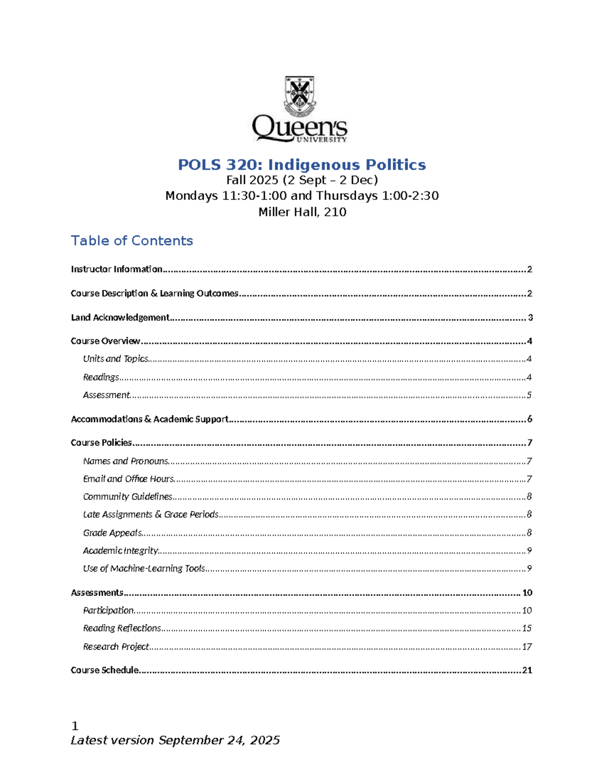POLS 320: Indigenous Politics Syllabus - Fall 2025 Overview - Studocu