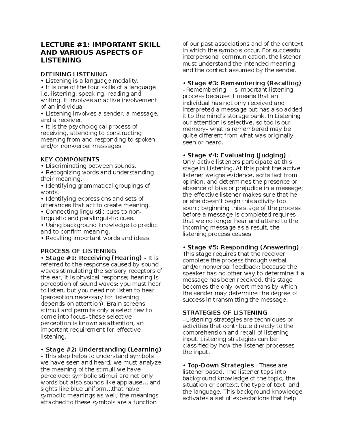 Effective Listening Strategies and Skills - LECTURE #1 Notes - Studocu