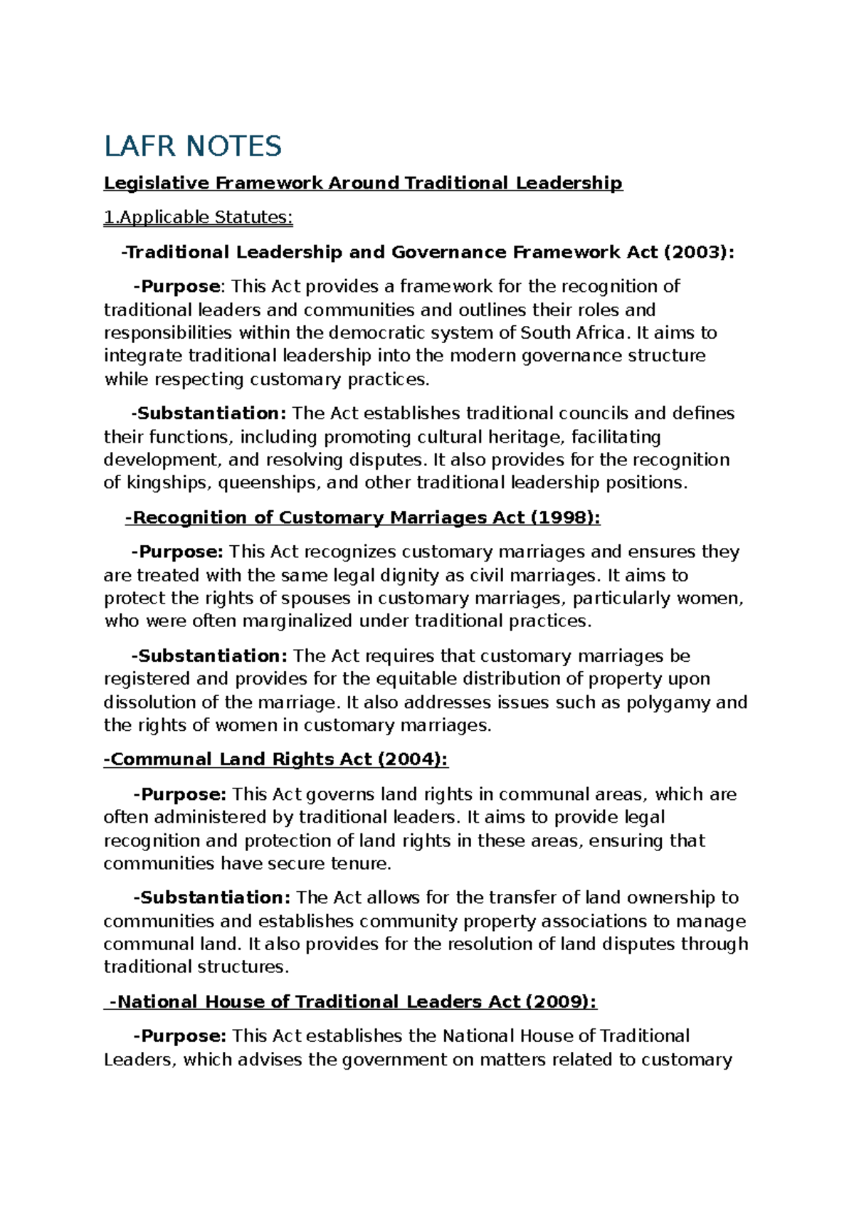 LAFR NOTES: Legislative Framework on Traditional Leadership ...