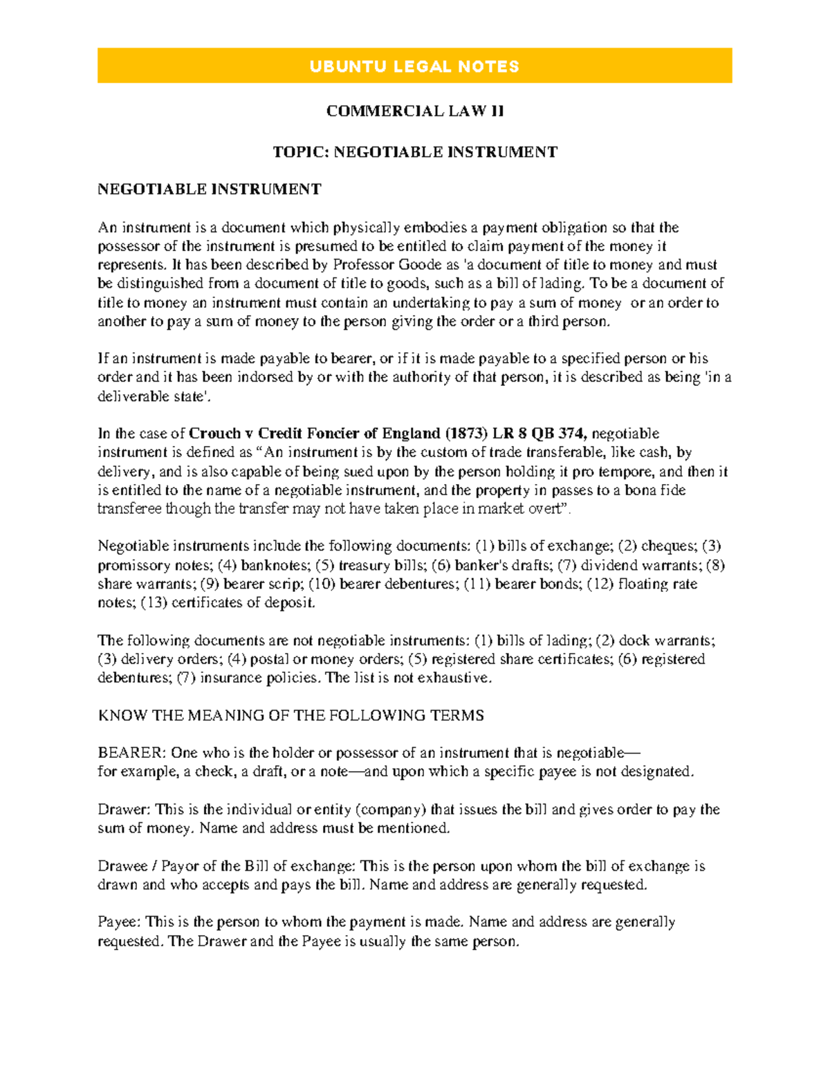 UBUNTU LEGAL NOTES: COMMERCIAL LAW II - NEGOTIABLE INSTRUMENTS - Studocu