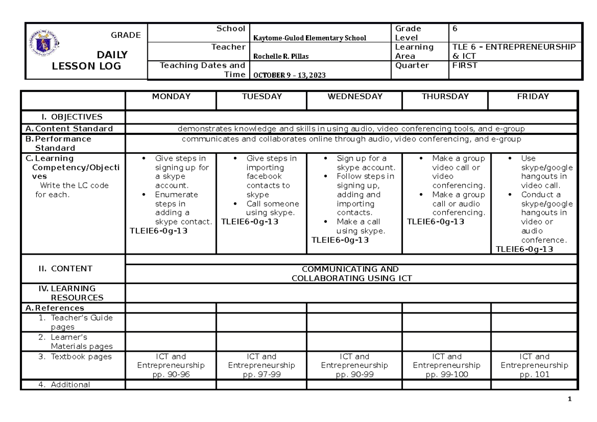 DLL TLE-ICT Lesson Log for Grade 6 (Oct 9-13, 2023) - Studocu