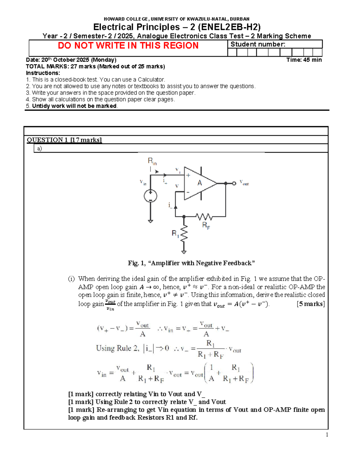 Electrical Principles 2 (Year 2) - Class Test 2 Marking Scheme 2025 ...