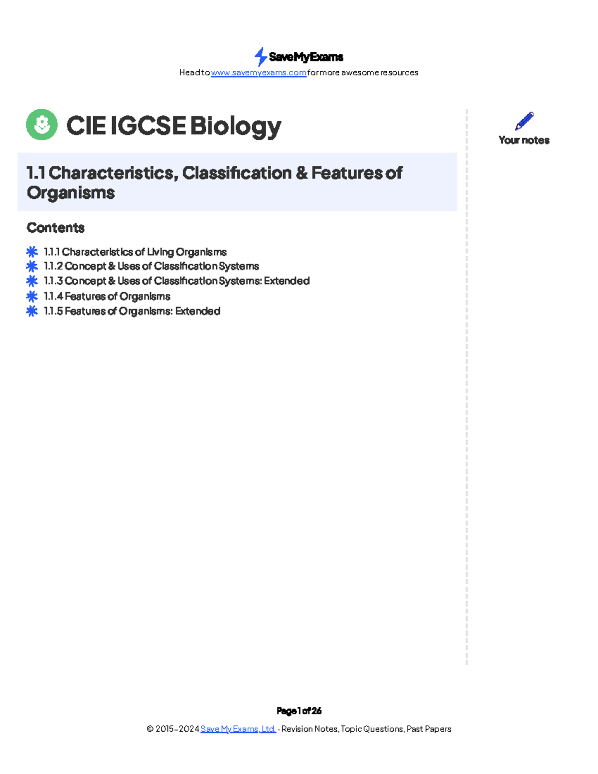 CIE IGCSE Biology Unit 1: Characteristics of Living Organisms - Studocu