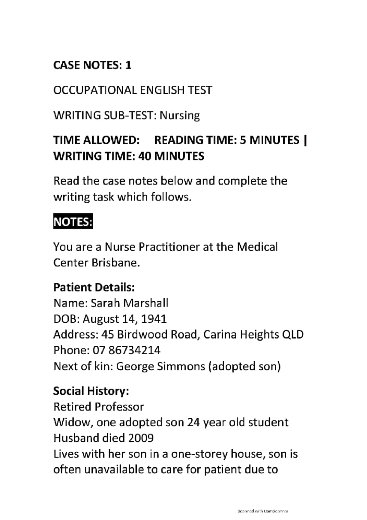 OET Writing Case Notes 1-34: Nursing Scenarios & Tasks Guide - Studocu