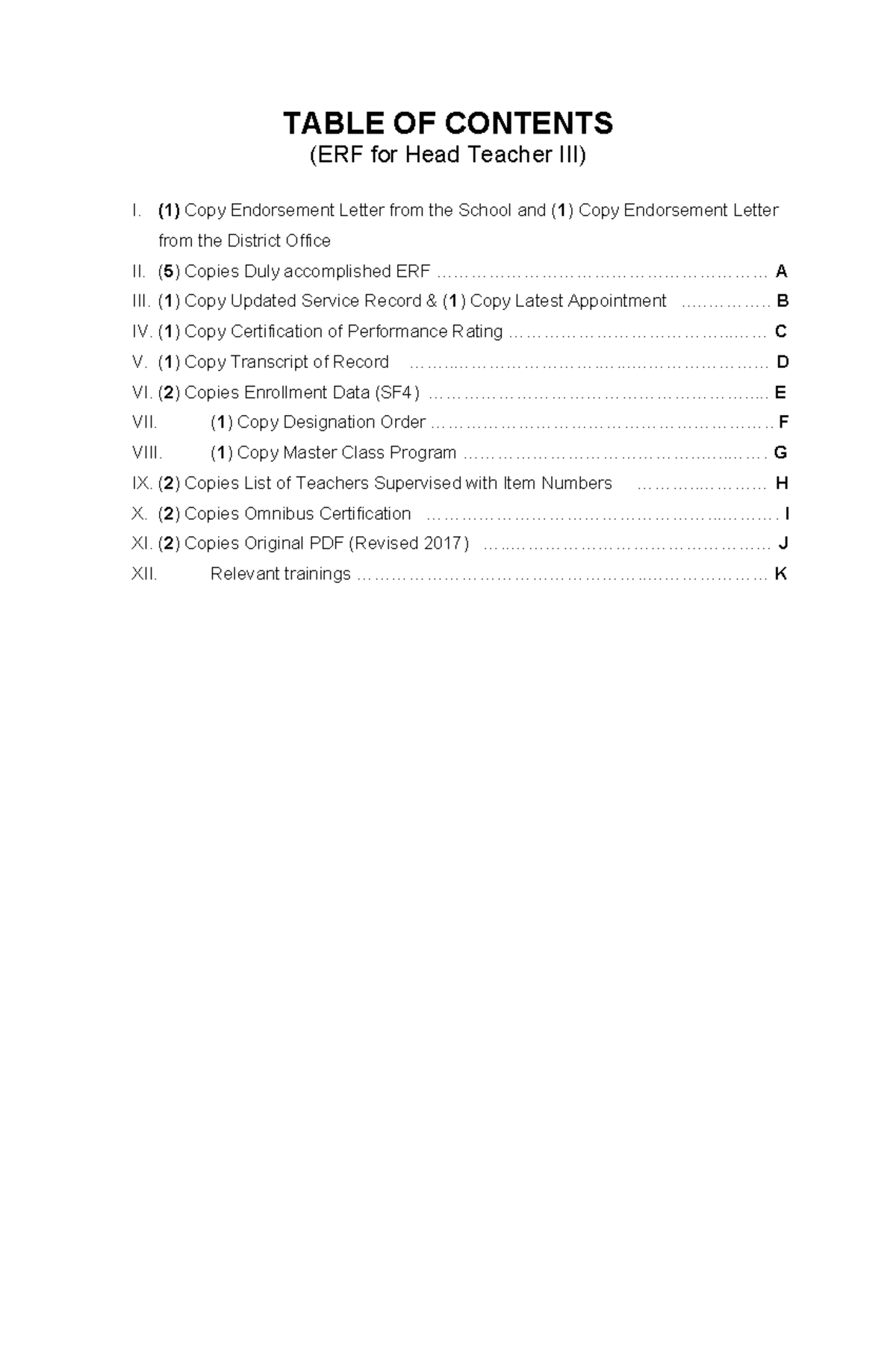Table OF Contents HT II ERF 2022 - TABLE OF CONTENTS (ERF for Head Teacher III) I. (1) Copy ...