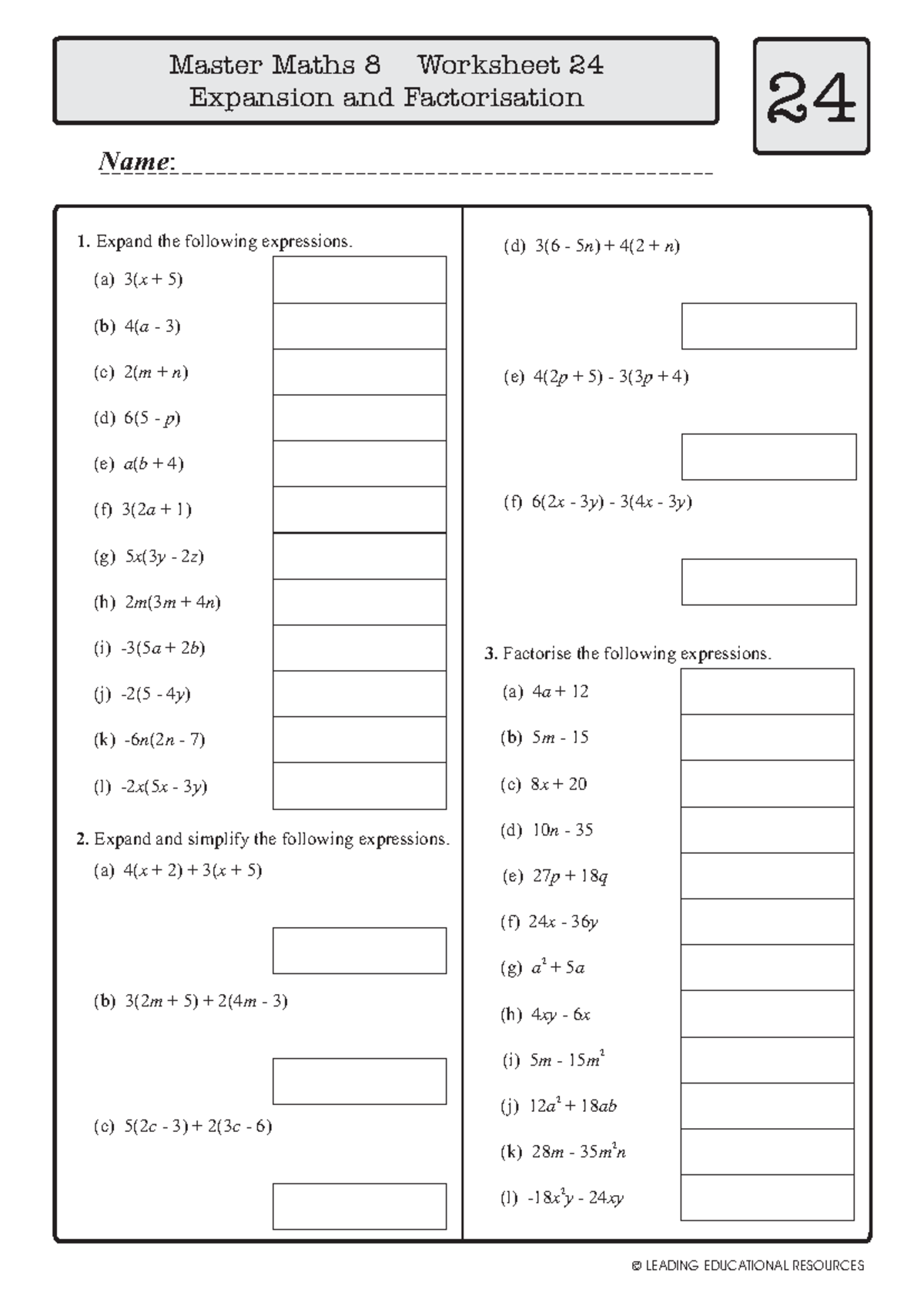 Master Maths 8 Worksheet 24: Expansion & Factorisation Exercises - Studocu