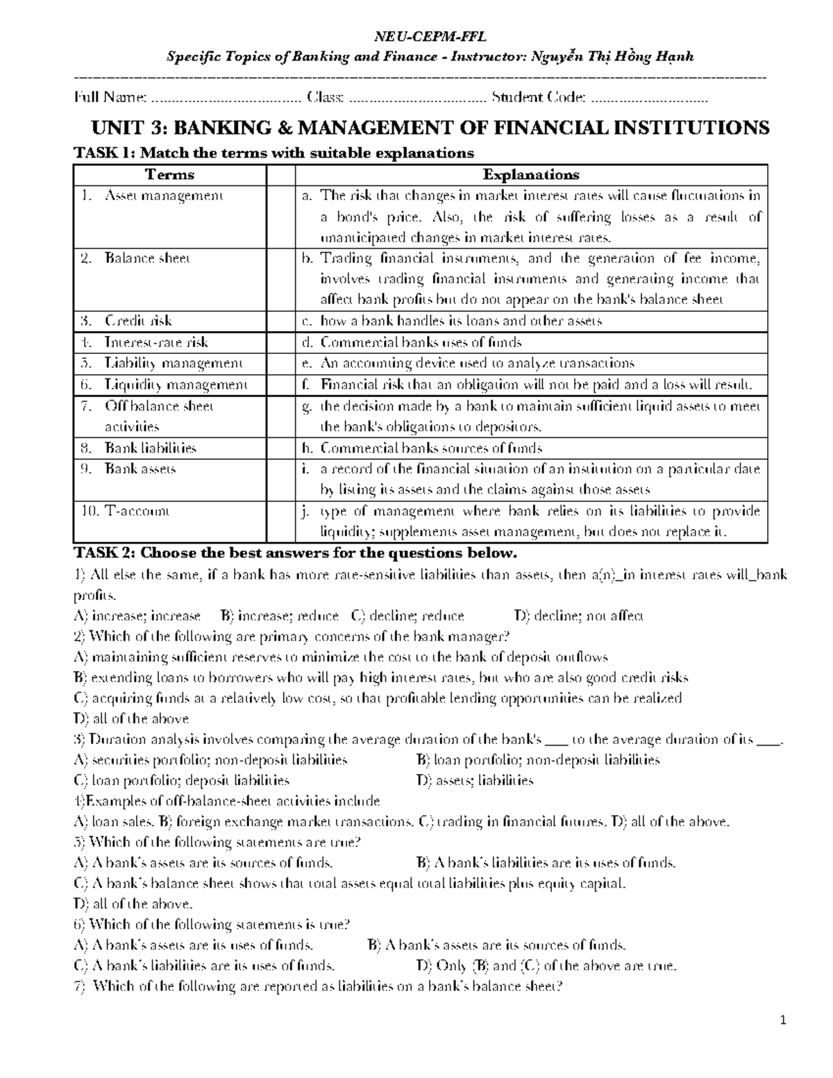 Unit 3 - Banking & Management of Financial Institutions Test Review ...