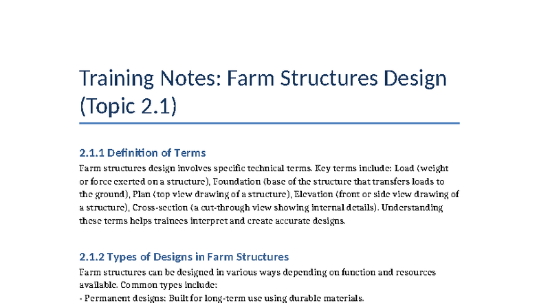 Farm Structures Design Training Notes (Course Code: FSD 2.1) - Studocu
