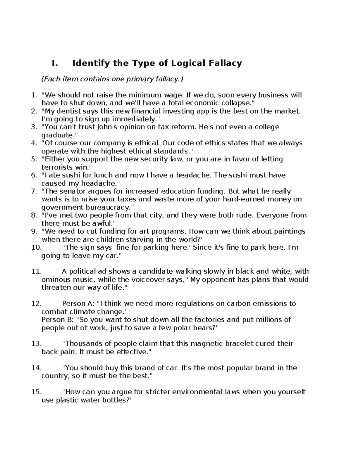 Quiz on Logical Fallacies (Course Code: LOG101) - Studocu