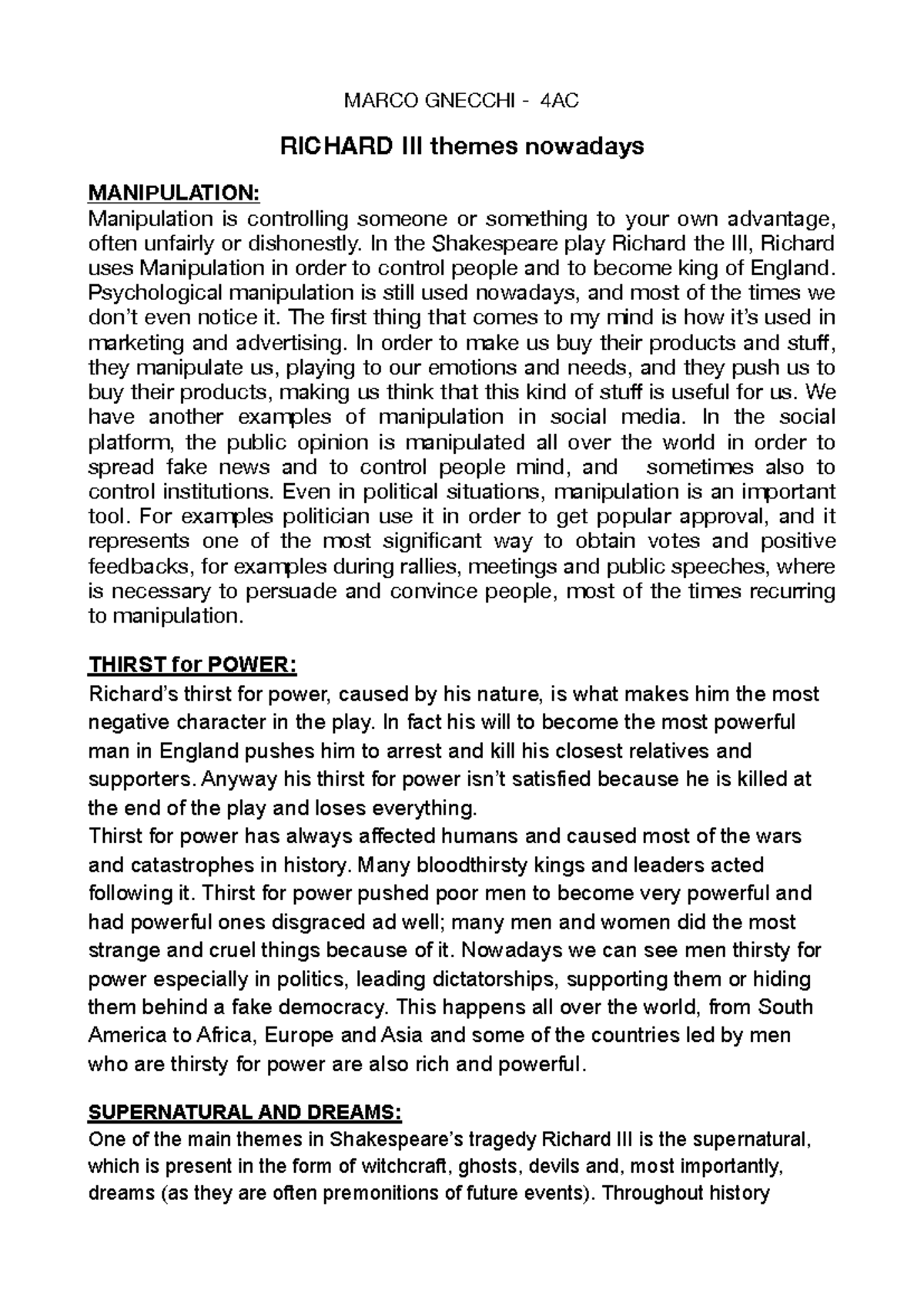 The Theme of Manipulation in RICHARD III - 4AC Analysis - Studocu