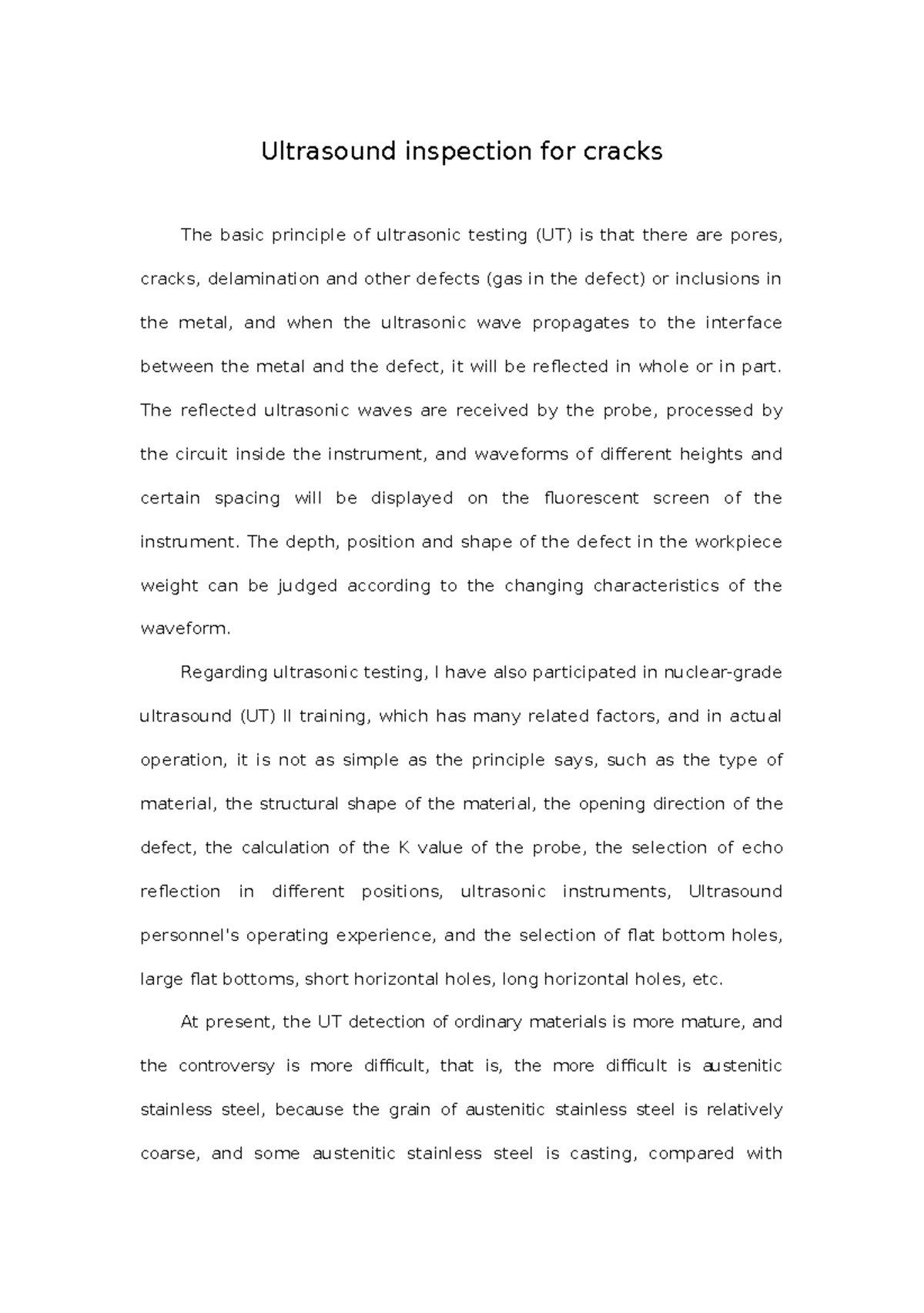 Ultrasound inspection for cracks - The reflected ultrasonic waves are ...