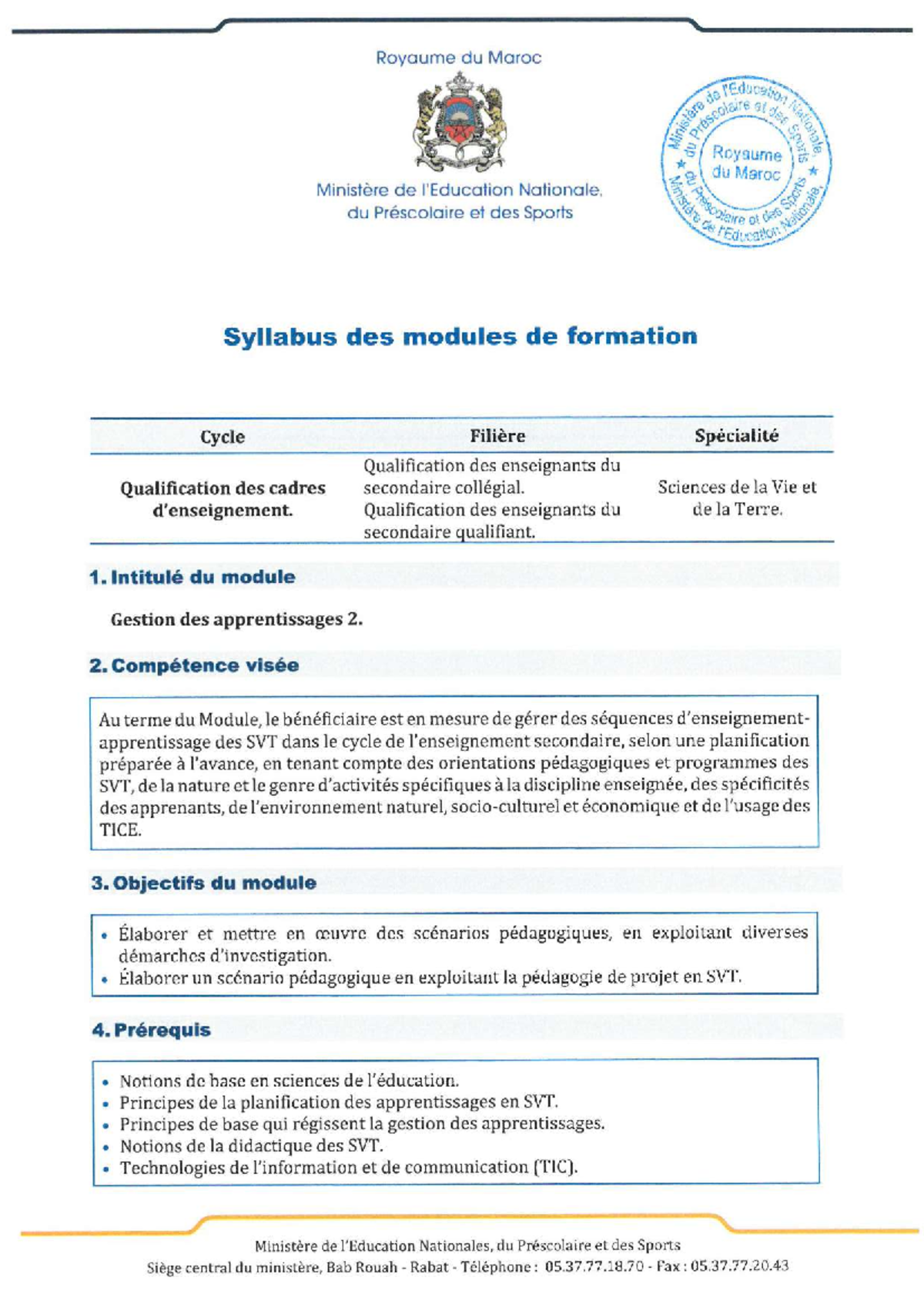 Syllabus Gestion des Apprentissages 2 - Sciences de la Vie et de la ...