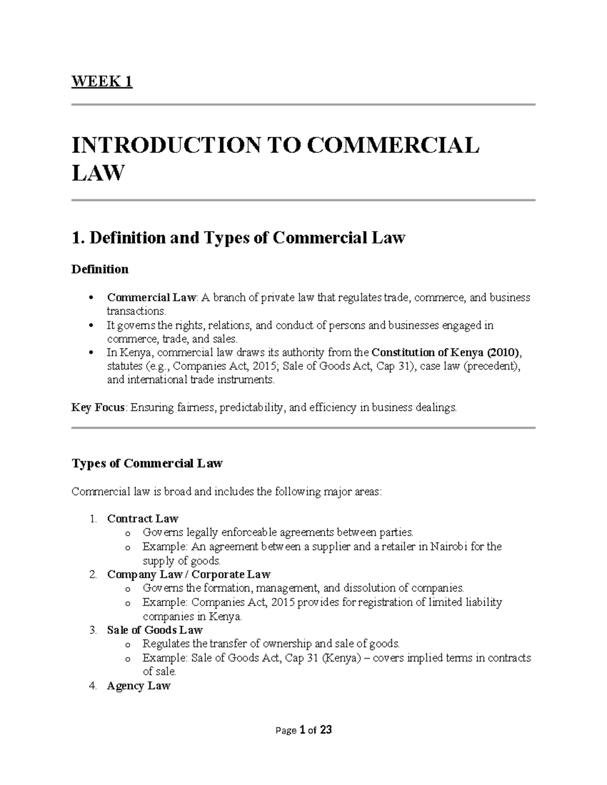 WEEK 1-9 COMMERCIAL LAW NOTES (Kenyan Context) - Studocu