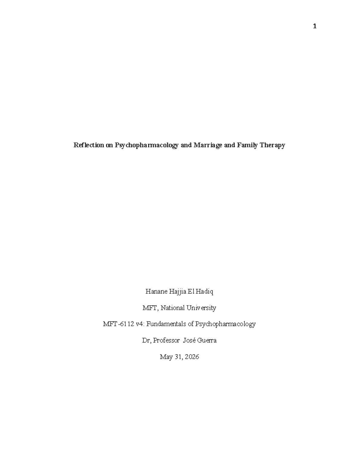 Reflection on Psychopharmacology in MFT - El Hadiq H-MFT6112 v4 - Studocu