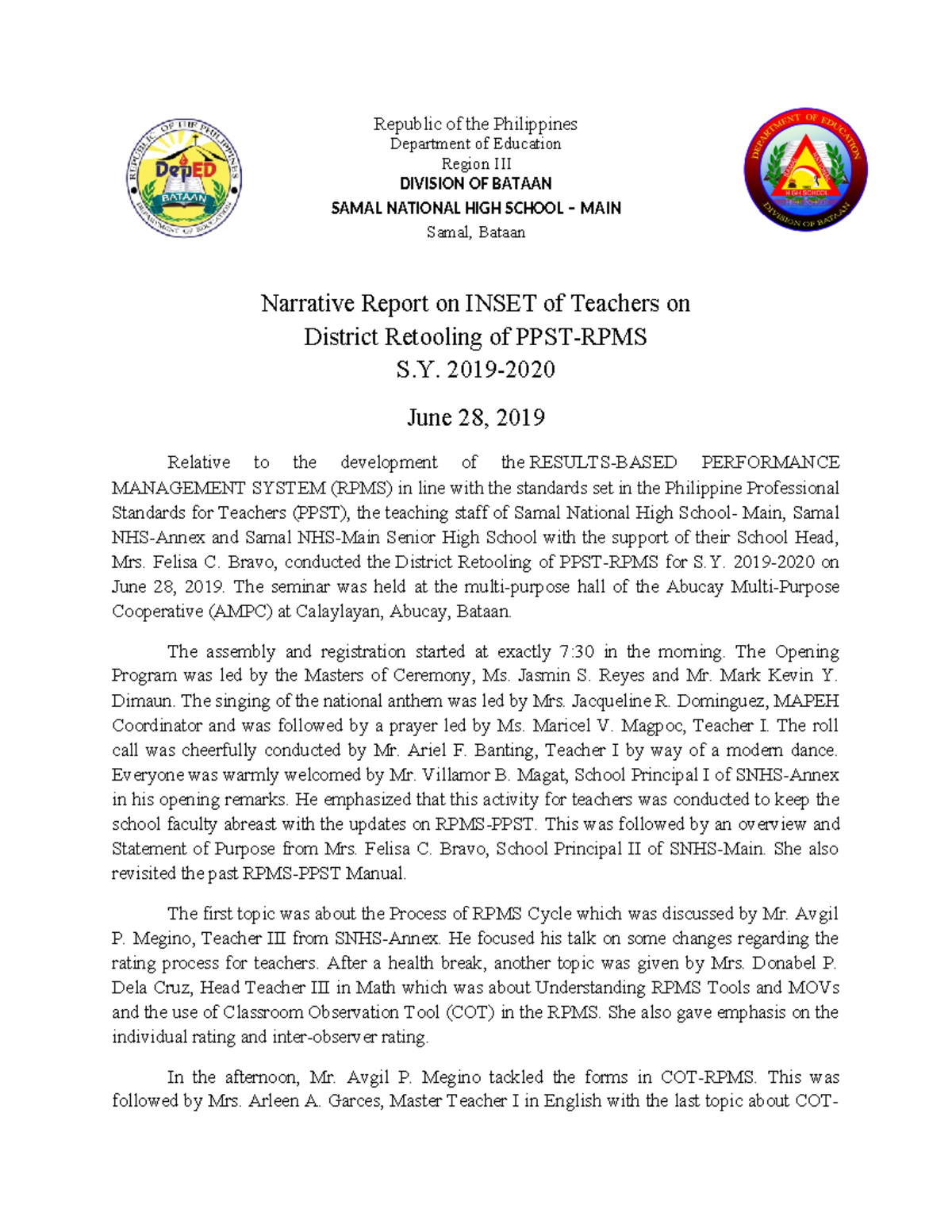 Narrative Report on Inset of Teachers on PPST - Republic of the ...