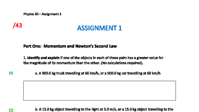 Physics 30 Assignment 1: Momentum and Impulse Analysis - Studocu