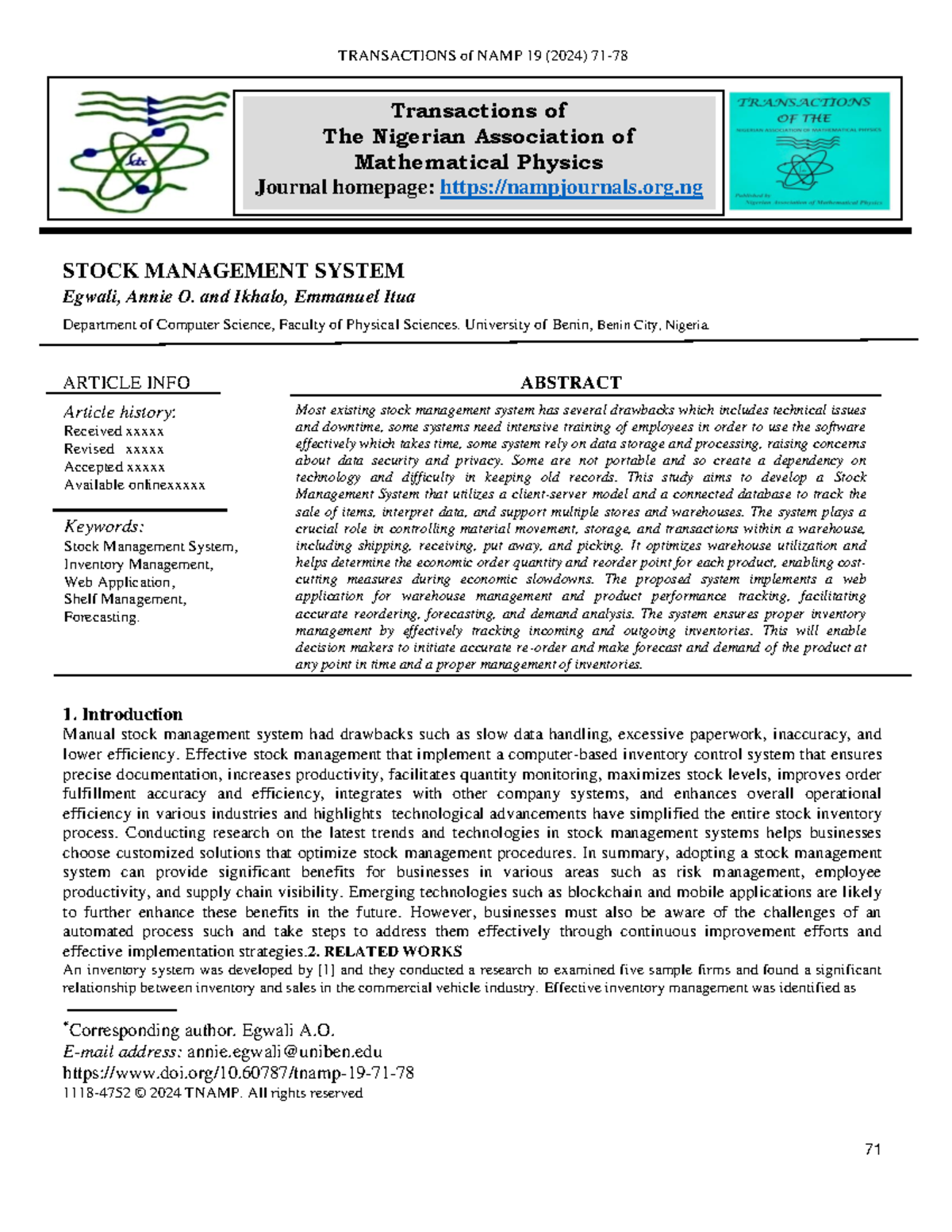 NAMP 19 (2024) Stock Management System: Development & Implementation ...
