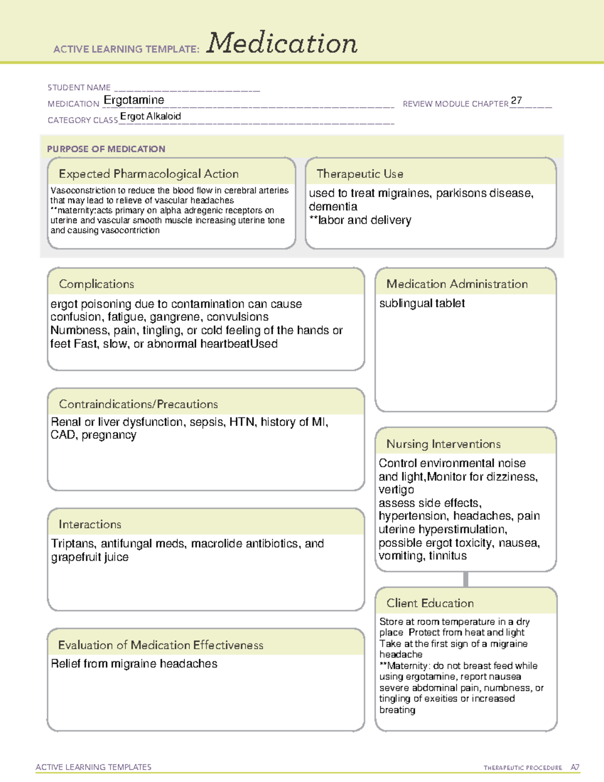 Ergotamine Medication Template: Active Learning Module 27 - Studocu