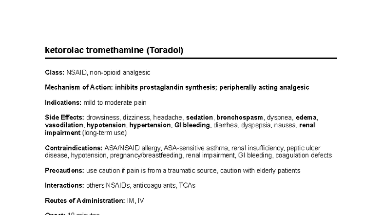 Ketorolac Tromethamine (Toradol) Drug Card: NSAID Overview - Studocu