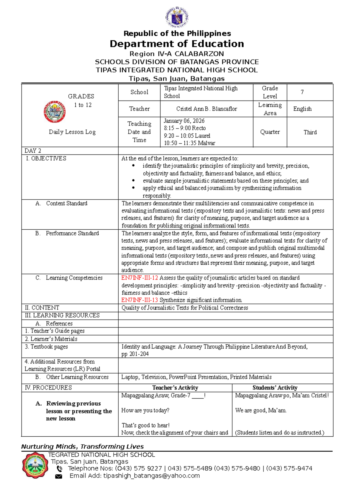 Q3-JAN. 6 - Detailed Lesson Plan for English 7: Journalistic Principles ...