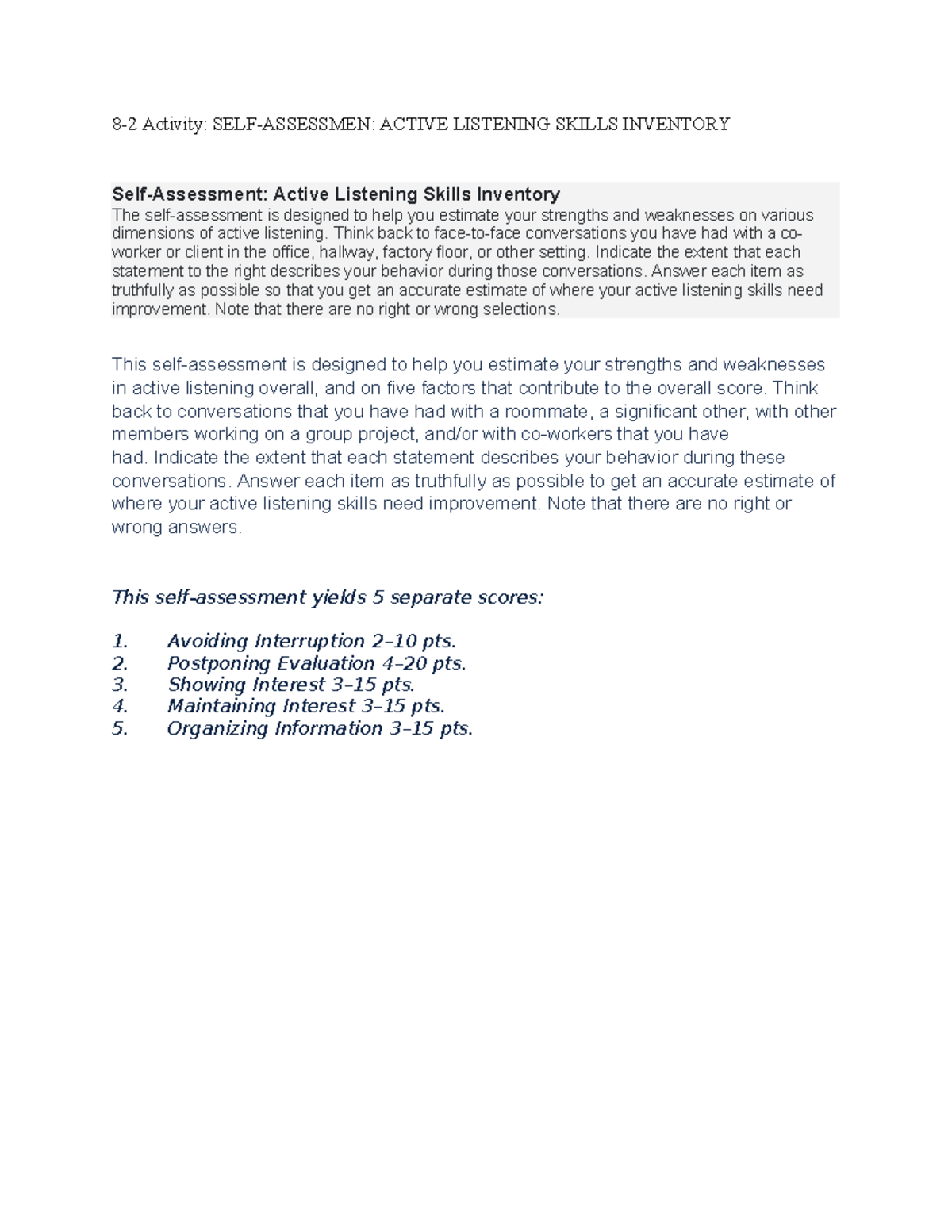 Week 8 Activity - Self-Assessment of Active Listening Skills - Studocu