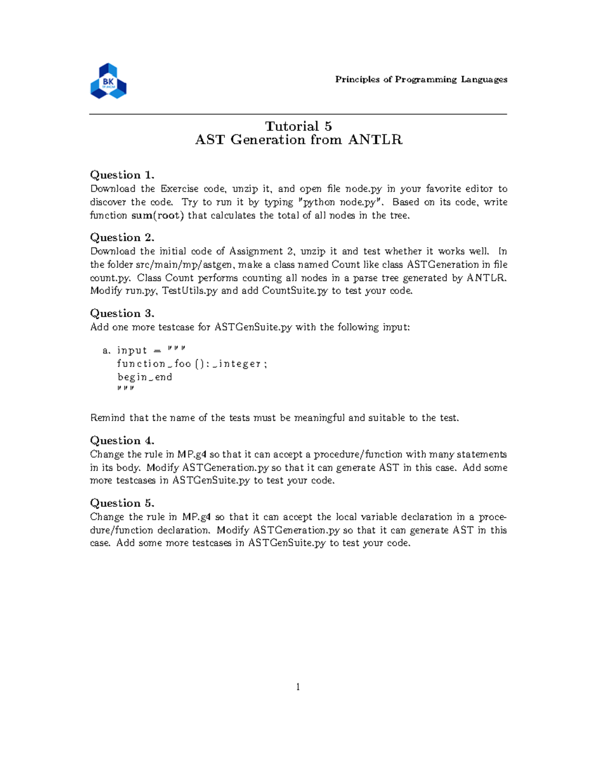 Tutorial 5: AST Generation Techniques for Programming Languages (CS1123 ...