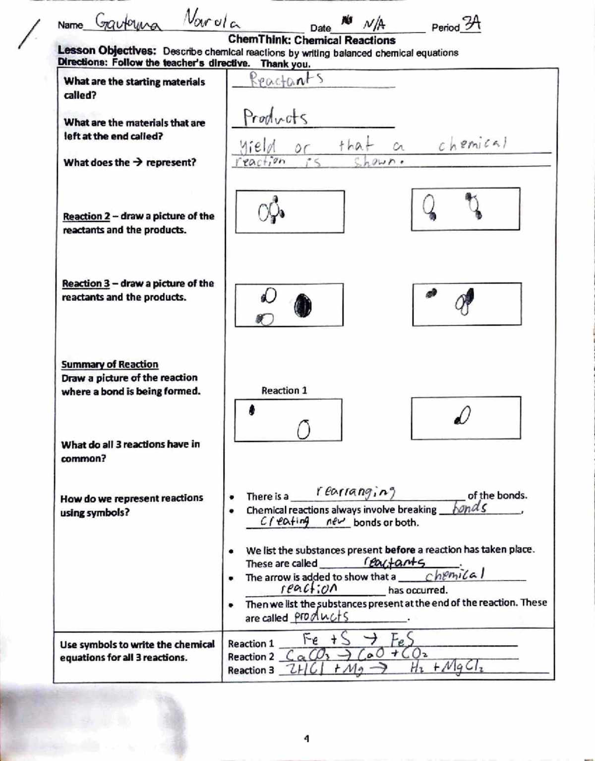 ChemThink: Chemical Reactions & Covalent Bonding Lesson Notes - Studocu