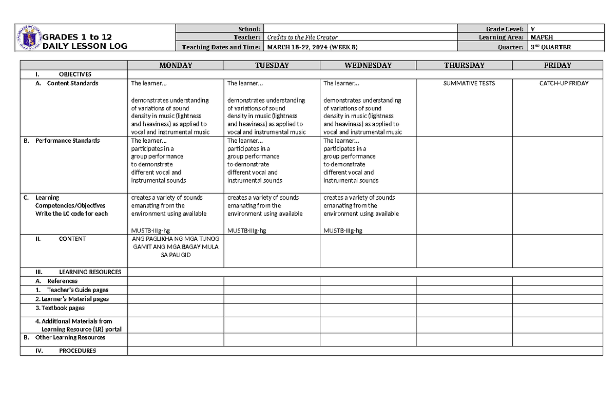 DLL MAPEH 5 Q3 W8 - Daily Lesson Log and Learning Activities - Studocu