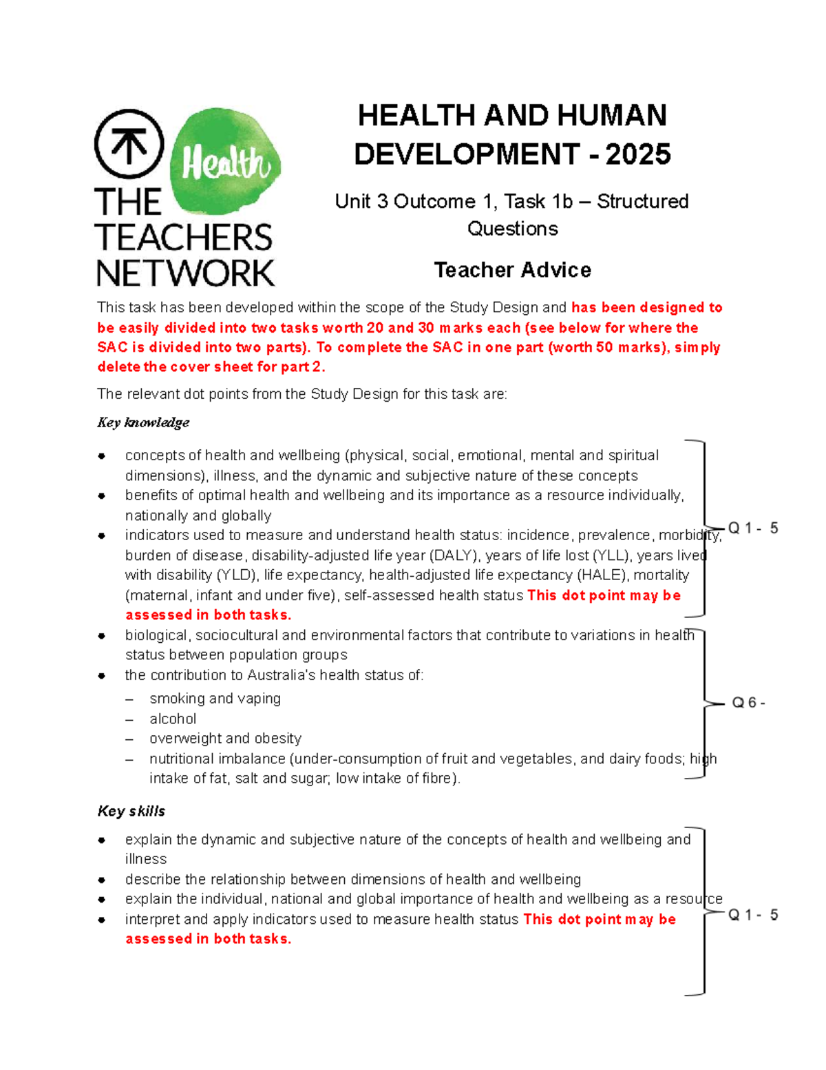 Health and Human Development 2025: Unit 3 Outcome 1 Task 1b Guide - Studocu