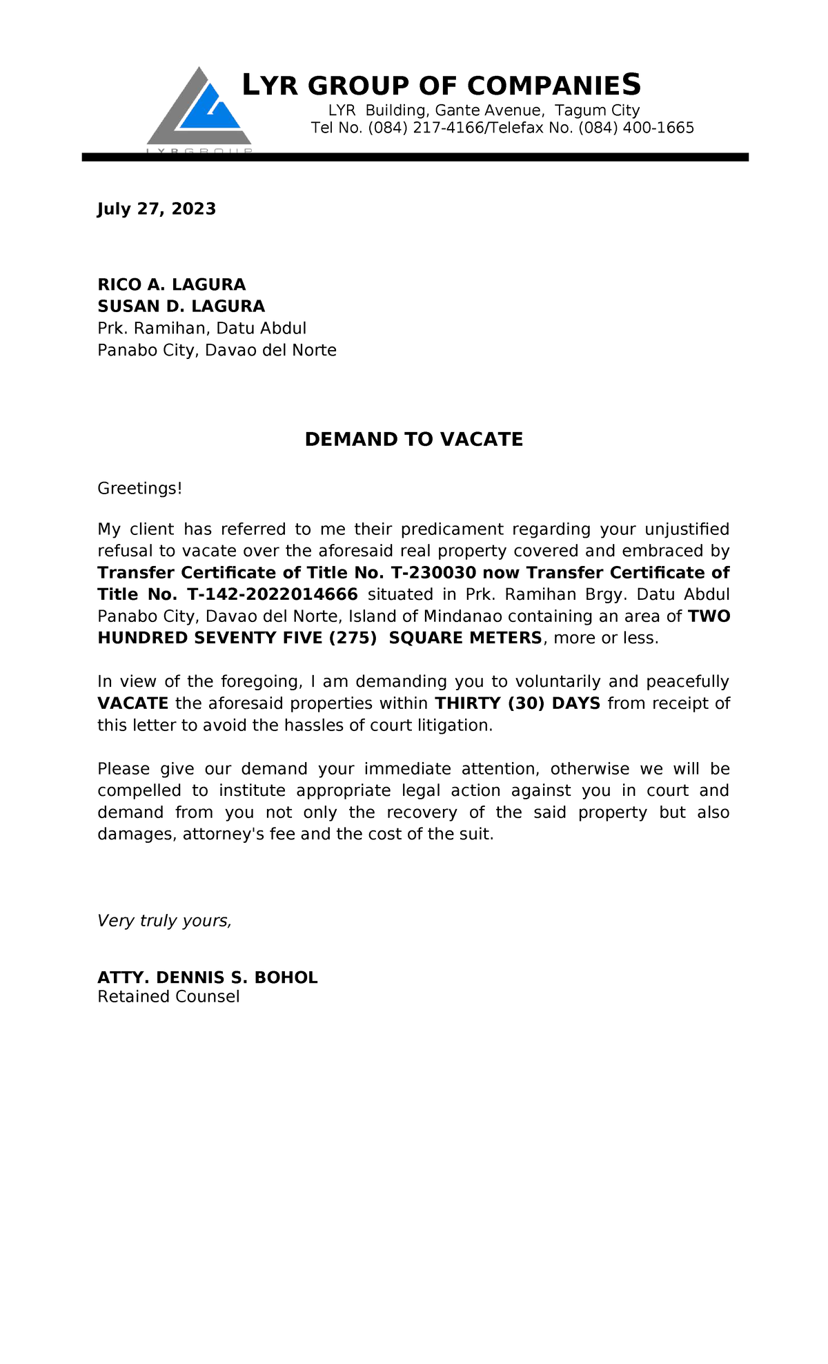 LYR Group of Companies: Demand to Vacate Notice - July 2023 - Studocu