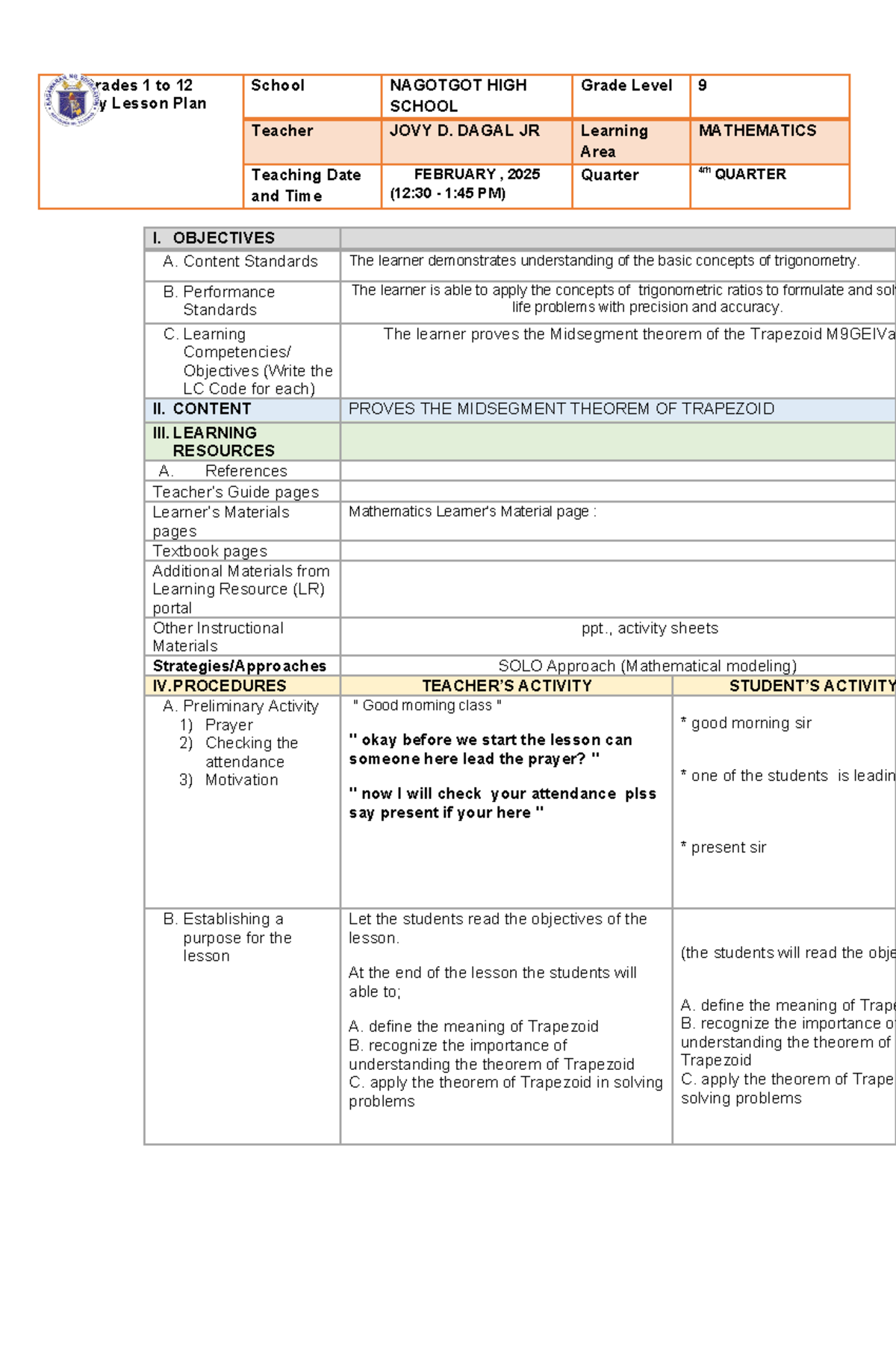 DLP: Grade 9 Mathematics Lesson Plan on Trapezoids and Midsegments ...