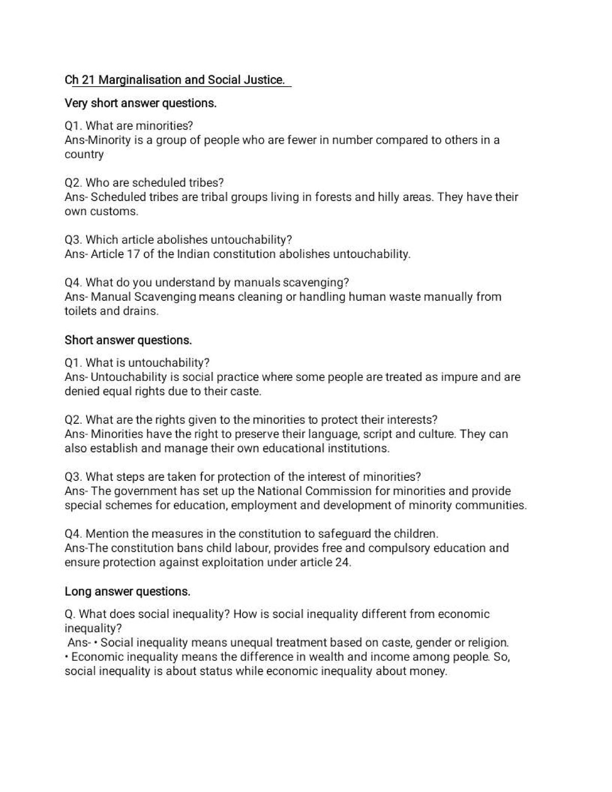 Ch 21 Marginalisation & Social Justice: Short Answer Qs & Insights ...