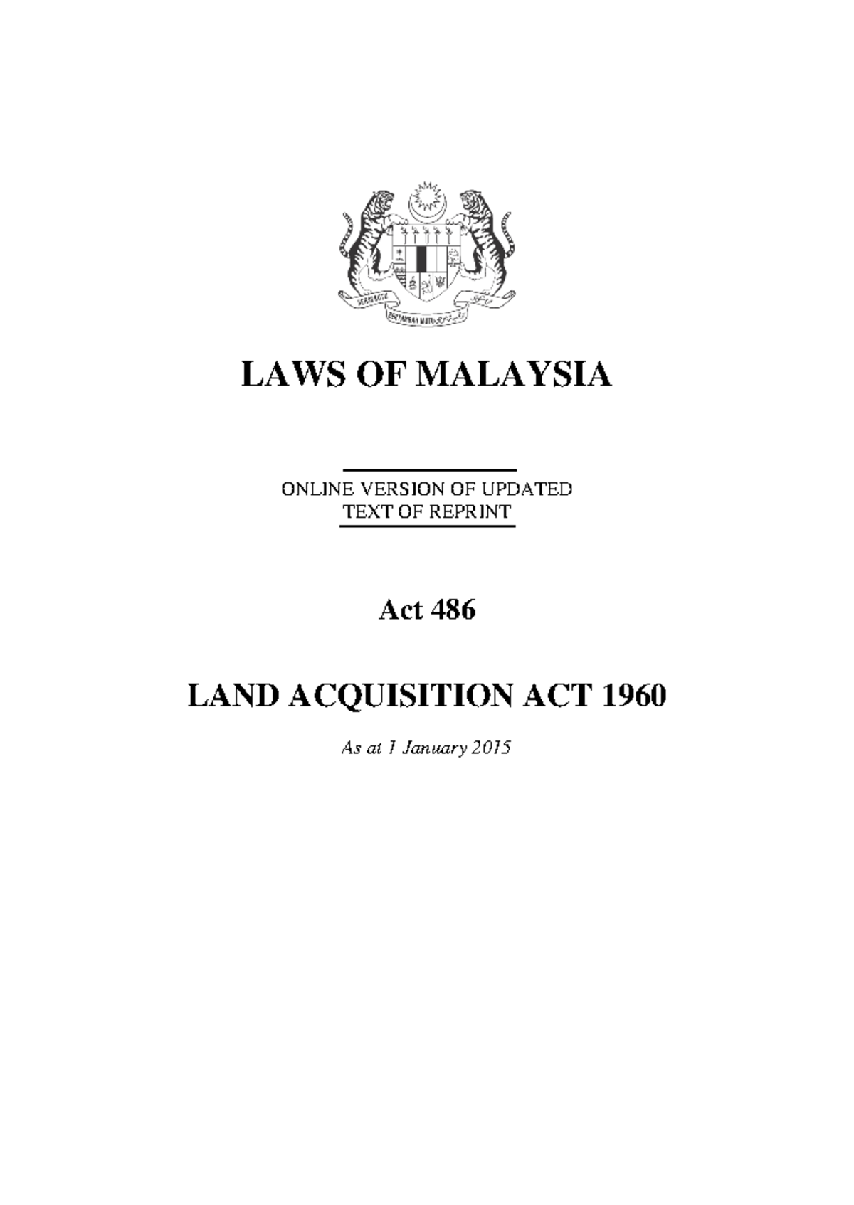 Act 486: Land Acquisition Act 1960 Overview and Amendments - Studocu