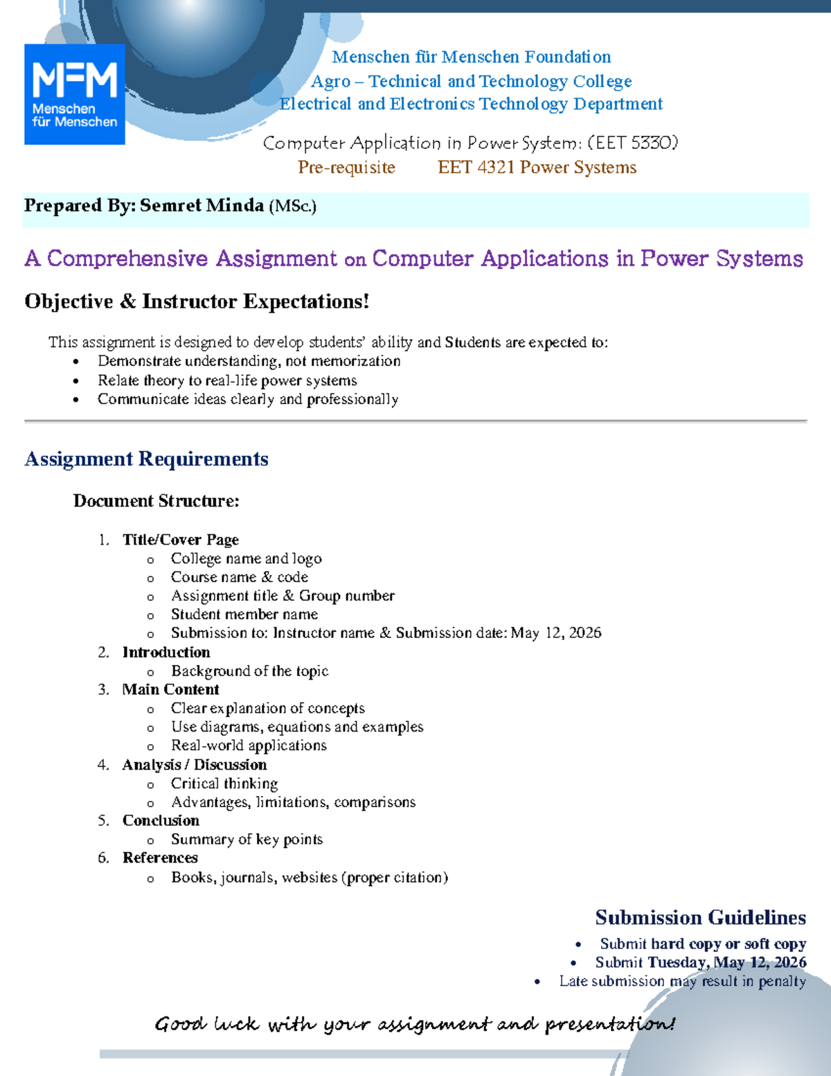 EET 5330 C - Comprehensive Assignment on Computer Applications in Power ...