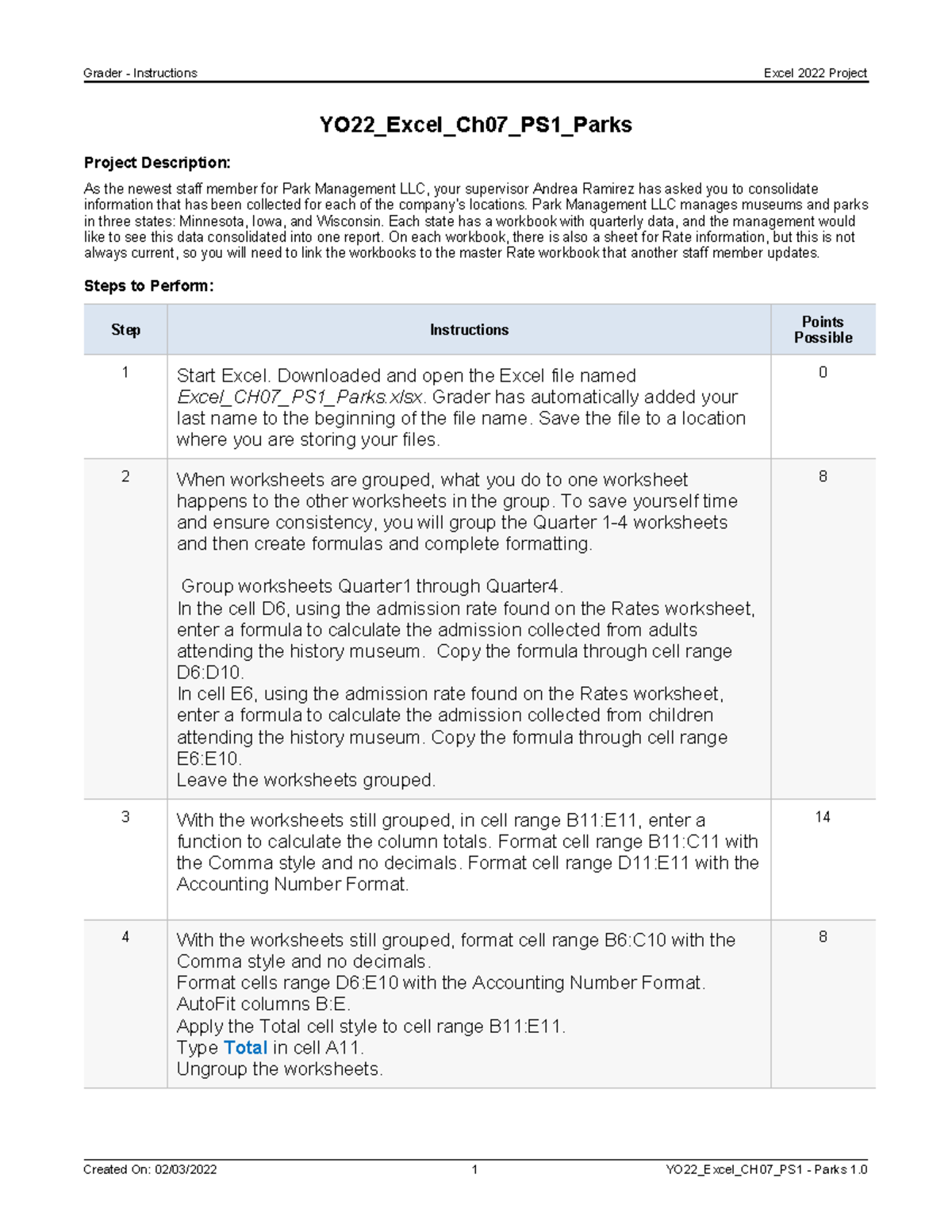 YO22 Excel Ch07 PS1 Parks Instructions - Grader - Instructions Excel 2022 Project - Studocu