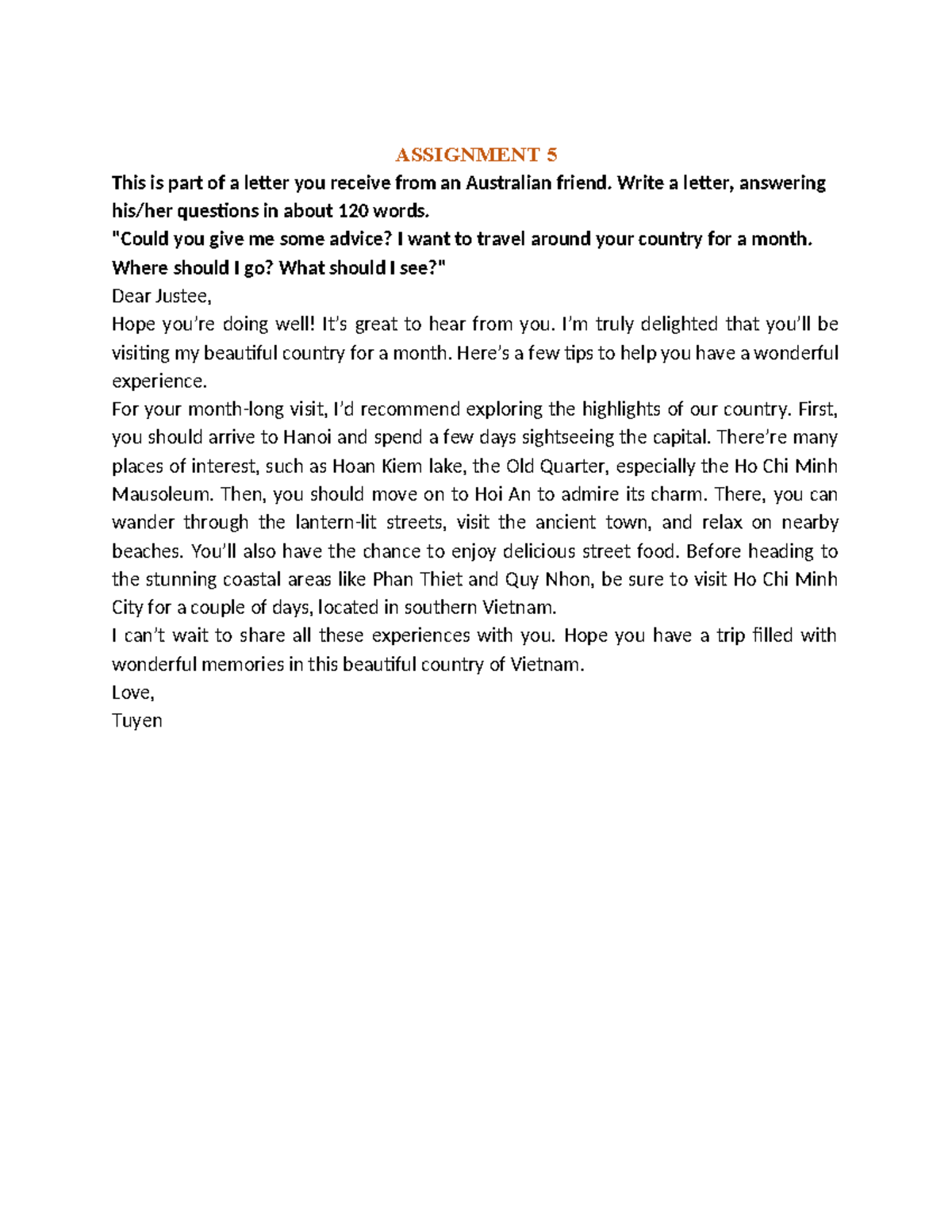 Assignment 5: Travel Advice Letter for Vietnam - Studocu