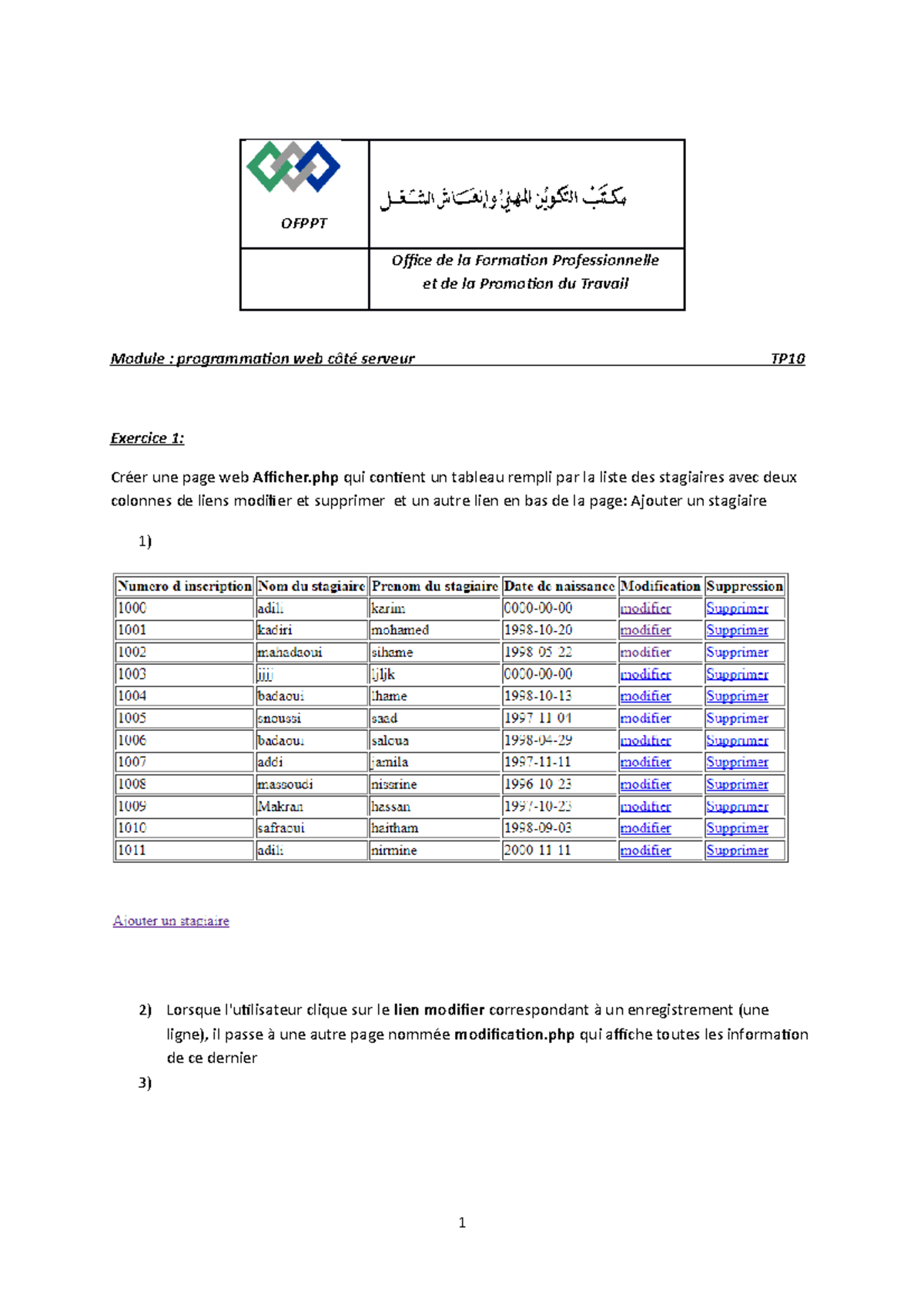 TP 10 PHP - Des exercices pour faire entrainer - Module : programmation web côté serveur TP ...
