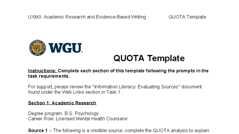 UXM3: Academic Research and Writing QUOTA Template Analysis and ...