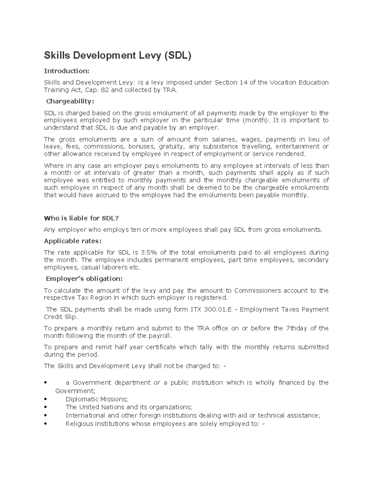 Skills Development Levy - 82 and collected by TRA. Chargeability: SDL ...