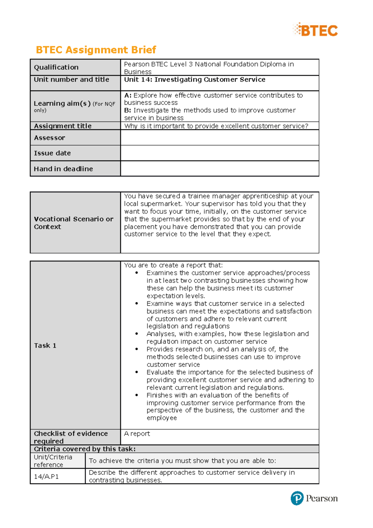 Unit 14 Investigating Customer Service Assignment 1 Btec Assignment Brief Qualification