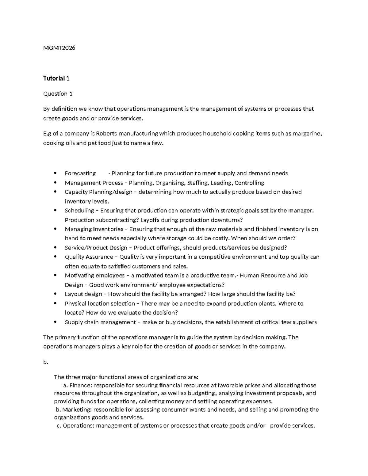 MGMT2026 Tutorial 1 solution - MGMT Tutorial 1 Question 1 By definition ...