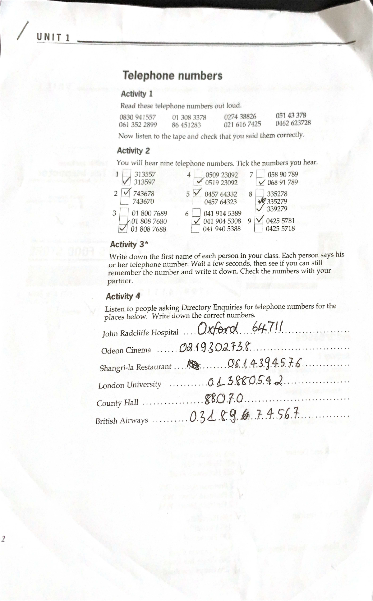 UNIT 1 Telephone Numbers Activities and Listening Exercises - Studocu