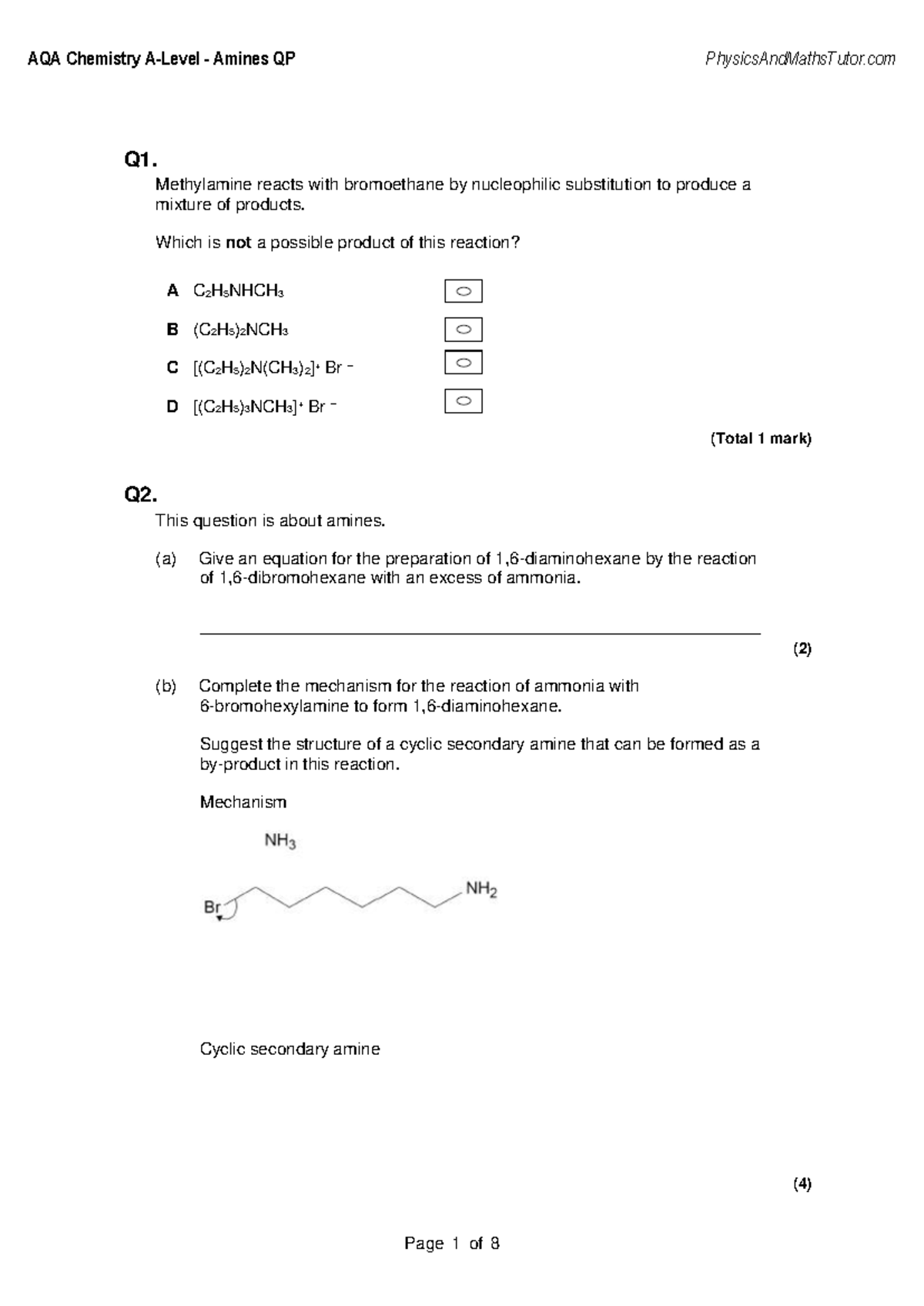 Amines Quiz Paper (QP) - Question Patterns and Chemical Reactions - Studocu