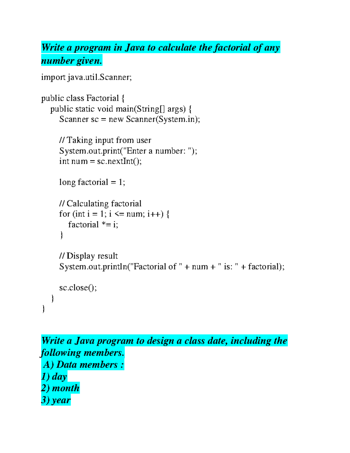 JAVA Program: Factorial, Date Class & Vowel/Consonant Check - Studocu
