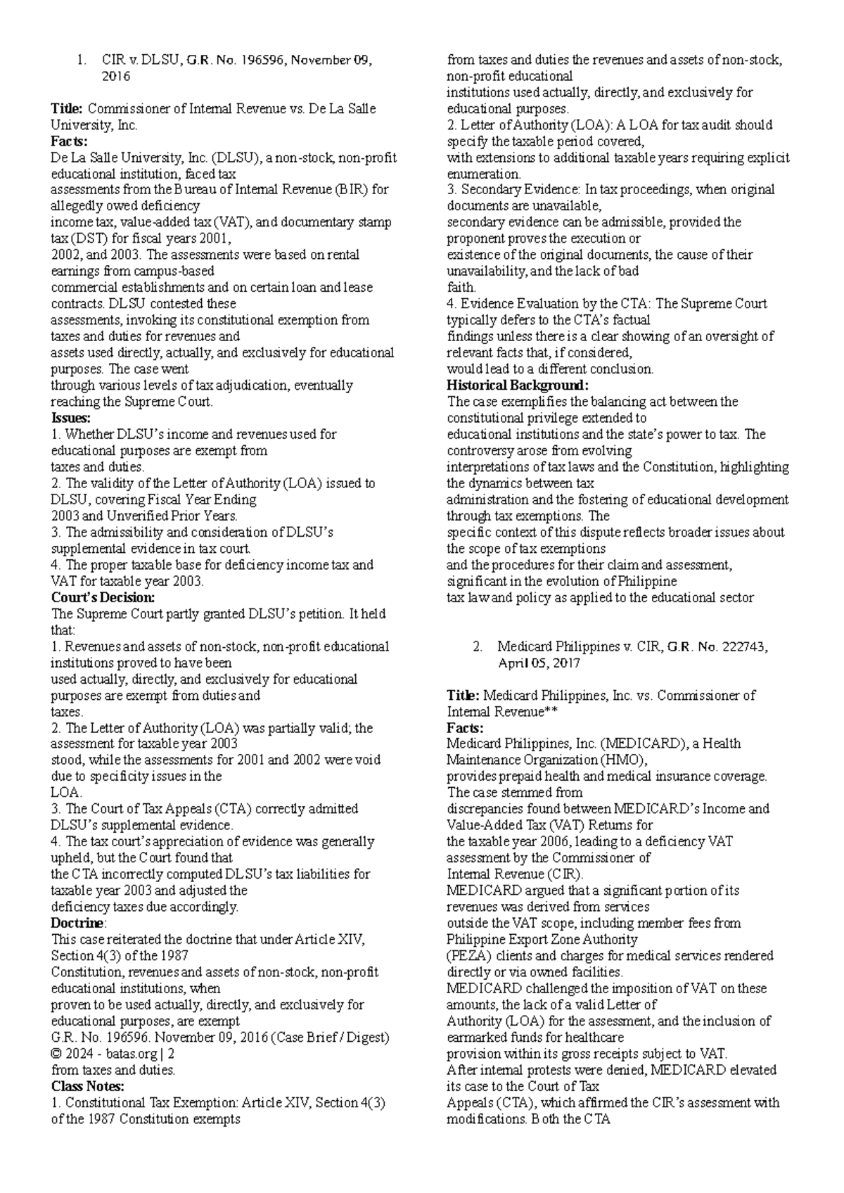 **CIR v. DLSU: Tax Exemption Case Brief Analysis (G. No. 196596 ...