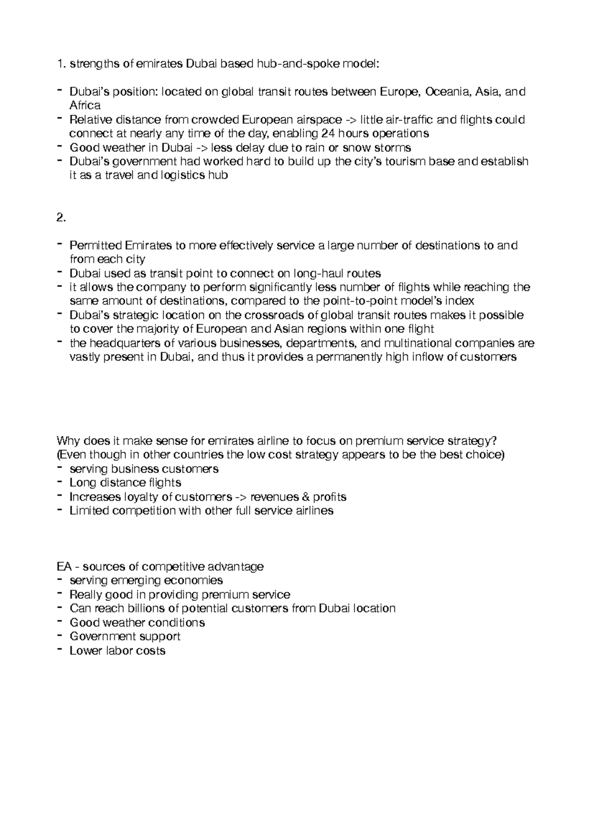 Emirates case notes - case - 1. strengths of emirates Dubai based hub ...
